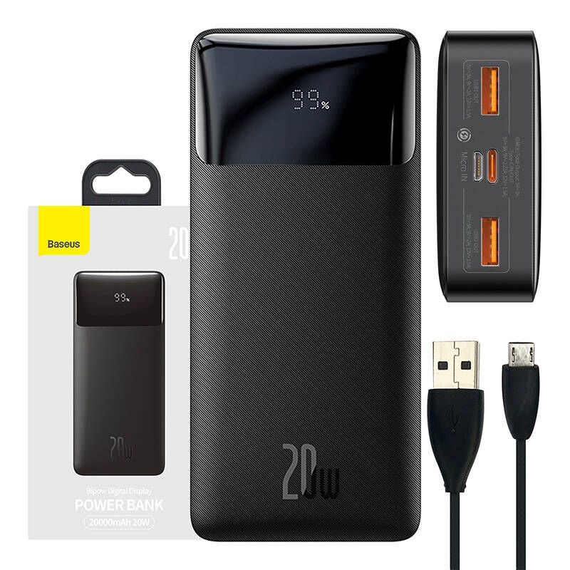 BASEUS LiPo išorinis akumuliatorius (Powerbank) 20000mAh 20W su QC3.0 2xUSB + USB-C Bipow juodas ...